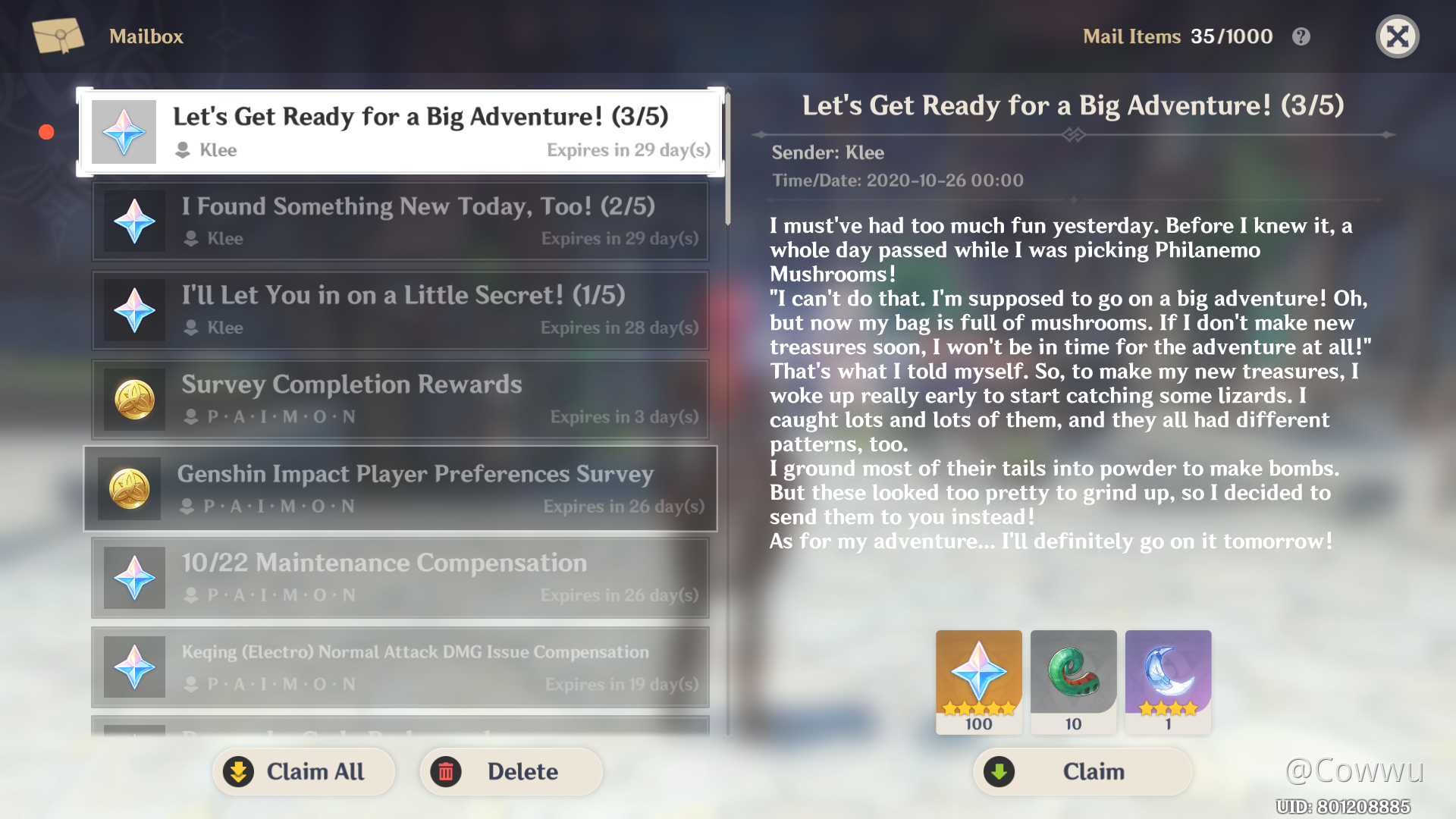 Klee Event Day 3/5 - 100 PRIMO, 10 Lizard Tails, 1 Fragile Resin ...