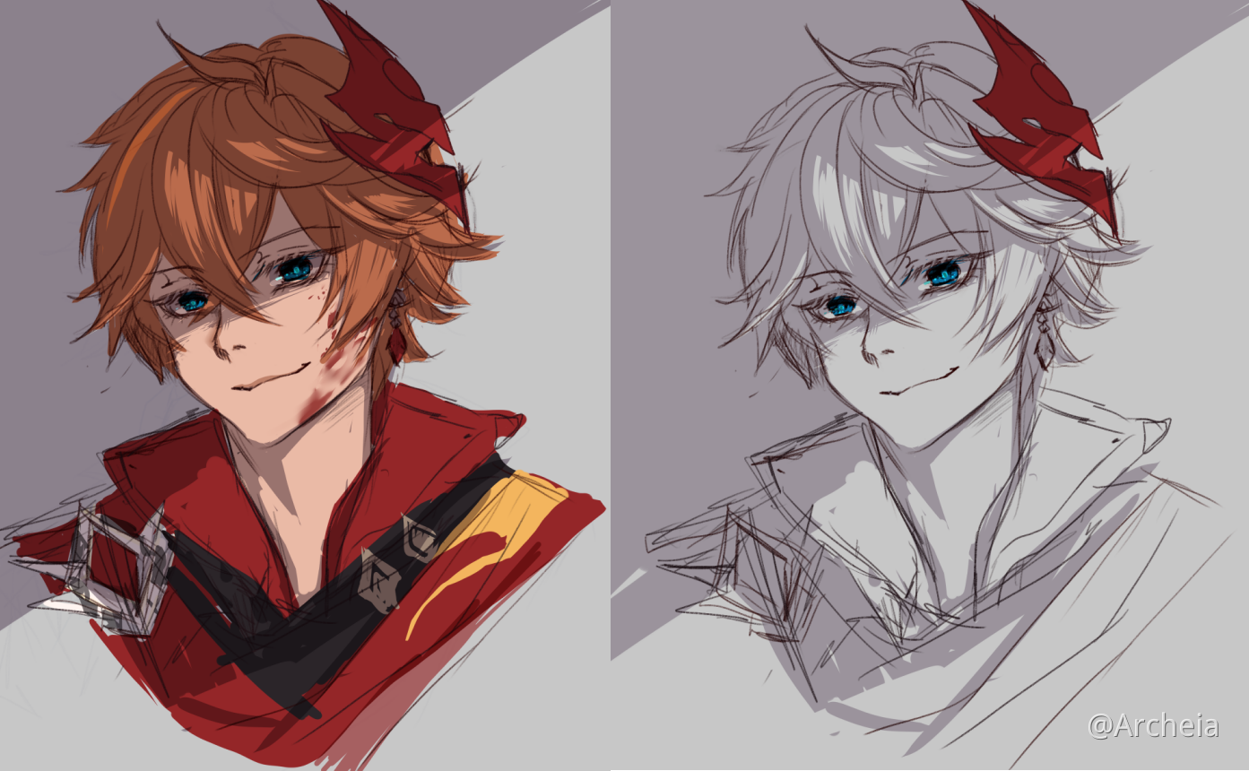 More Childe/Tartaglia Sketches and a geobaby i guess Genshin Impact ...