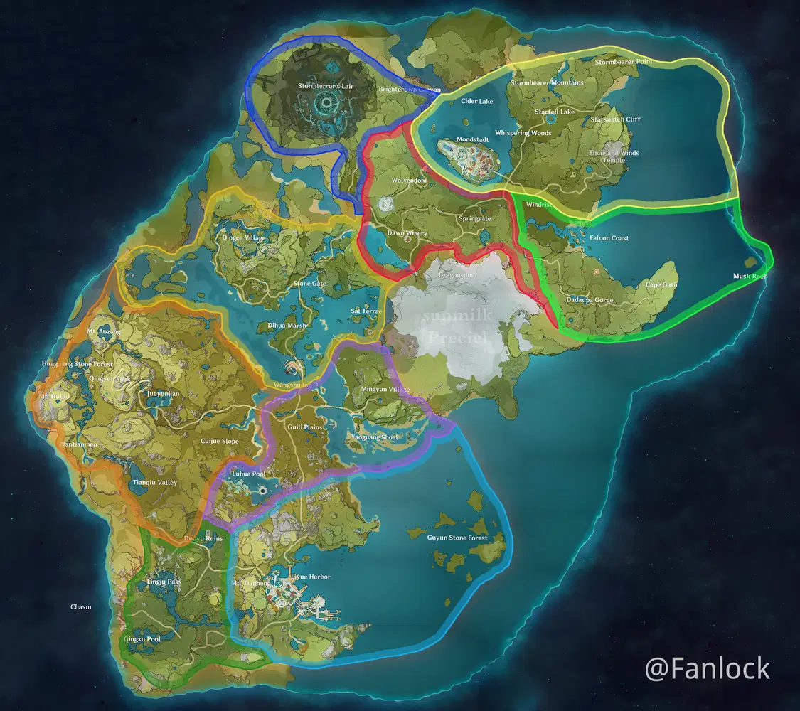 Карта разделения регионов тейвата Genshin Impact | HoYoLAB
