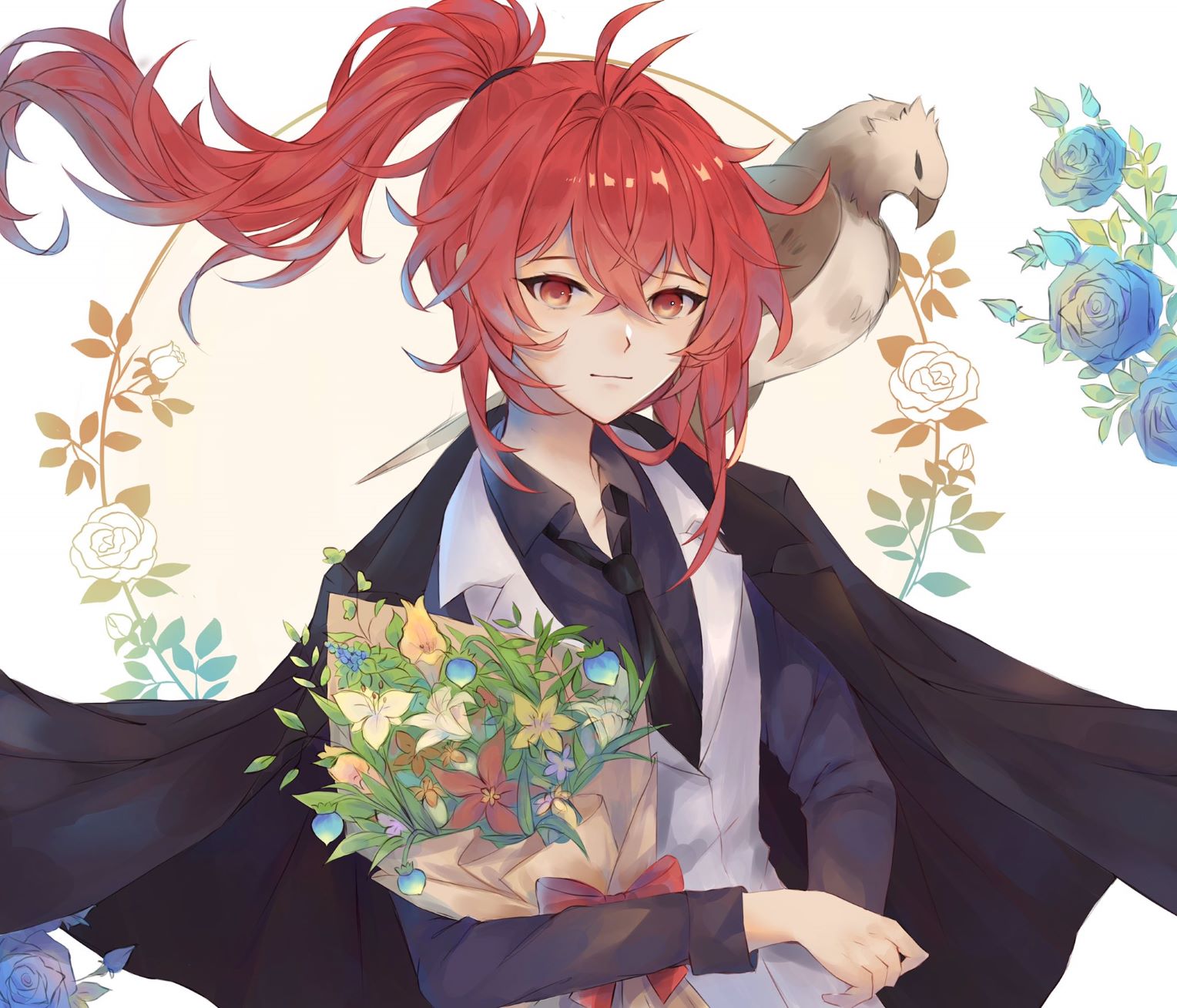 Diluc and his birb...and alot of flowers Genshin Impact | HoYoLAB