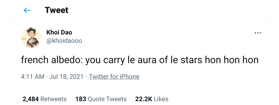 This amazing tweet from Albedo's EN VA, I present to you french albedo ...