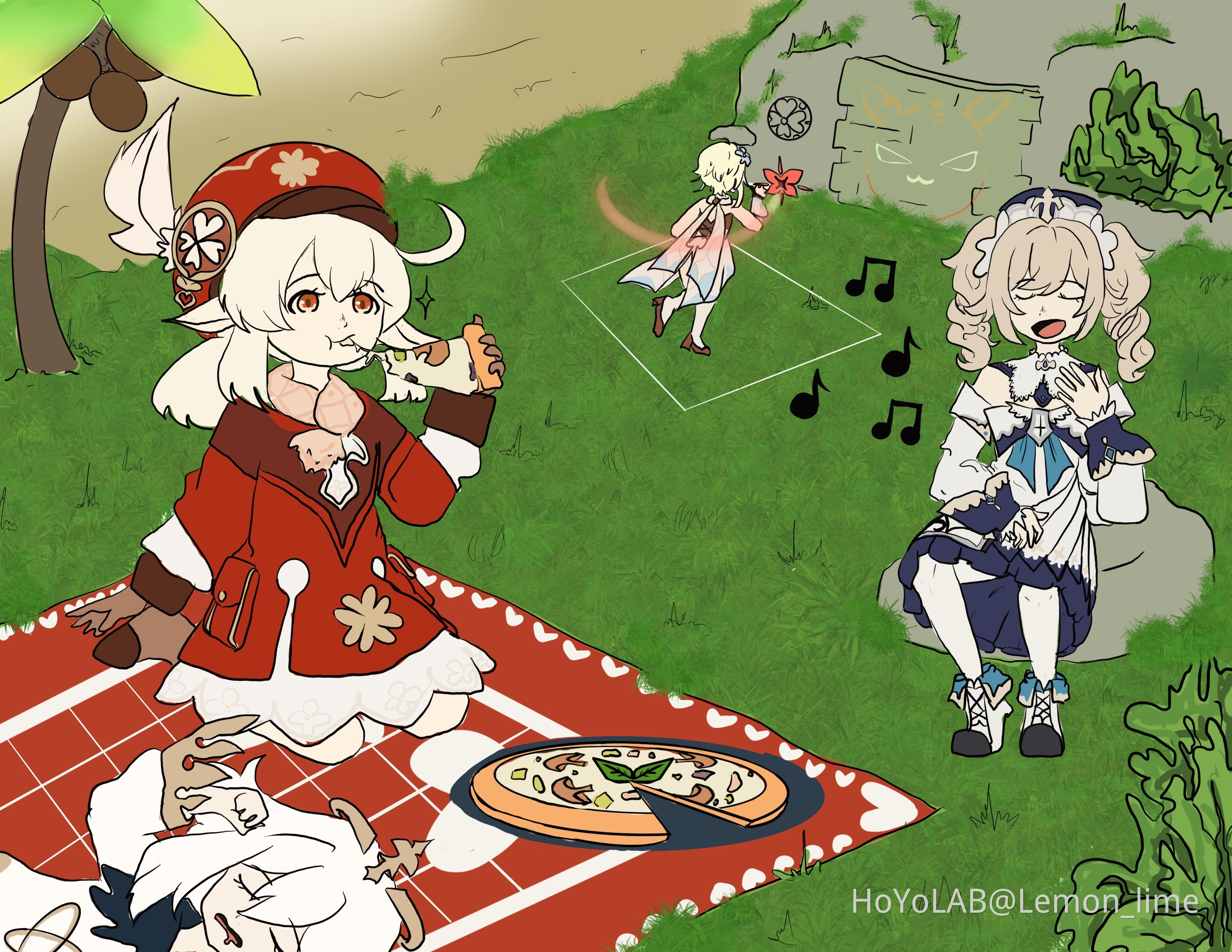 Klee, Barbra, Lumine & Paimon enjoying mushroom pizza! well, mostly ...