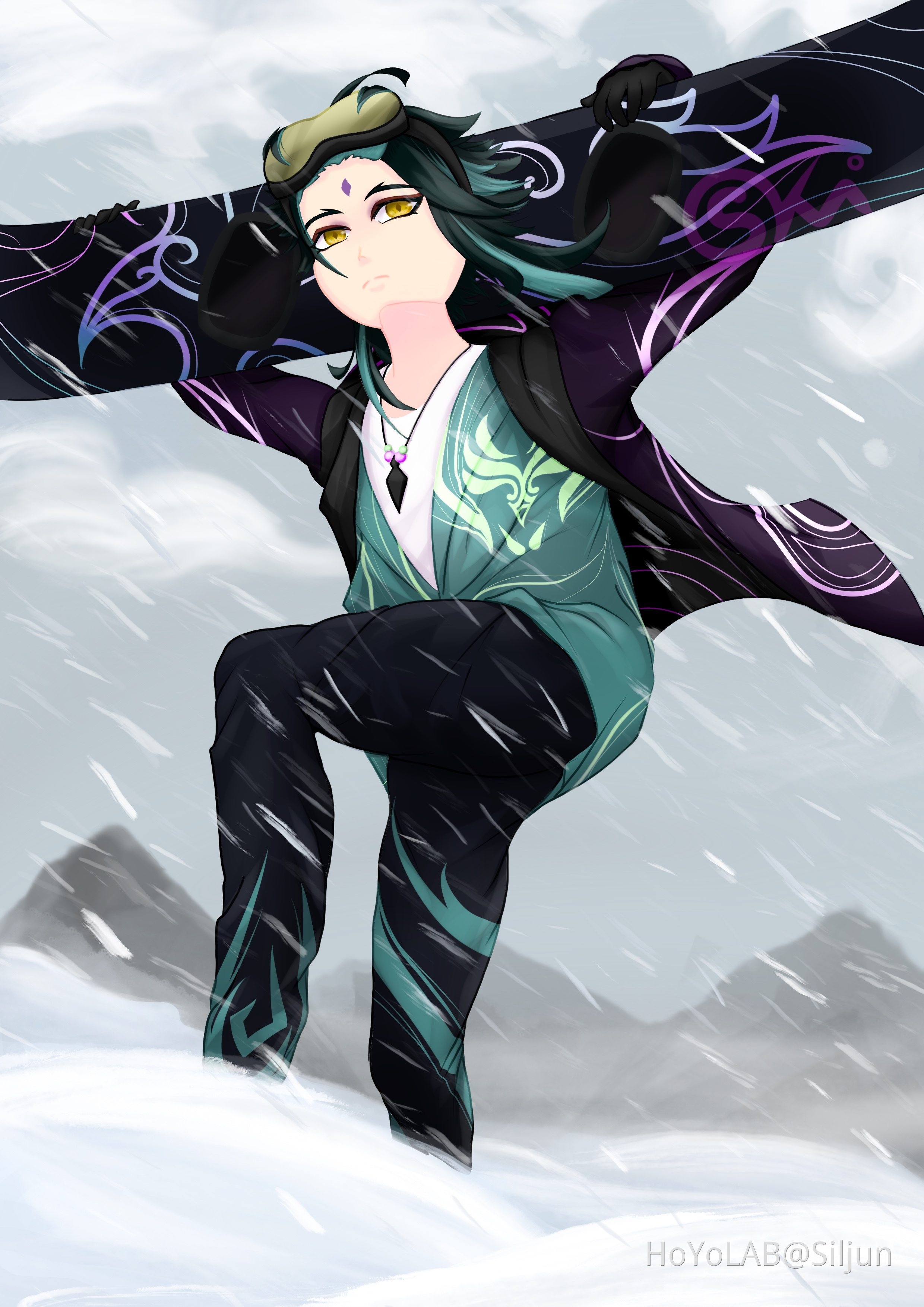 Xiao with a snowboard Genshin Impact | HoYoLAB