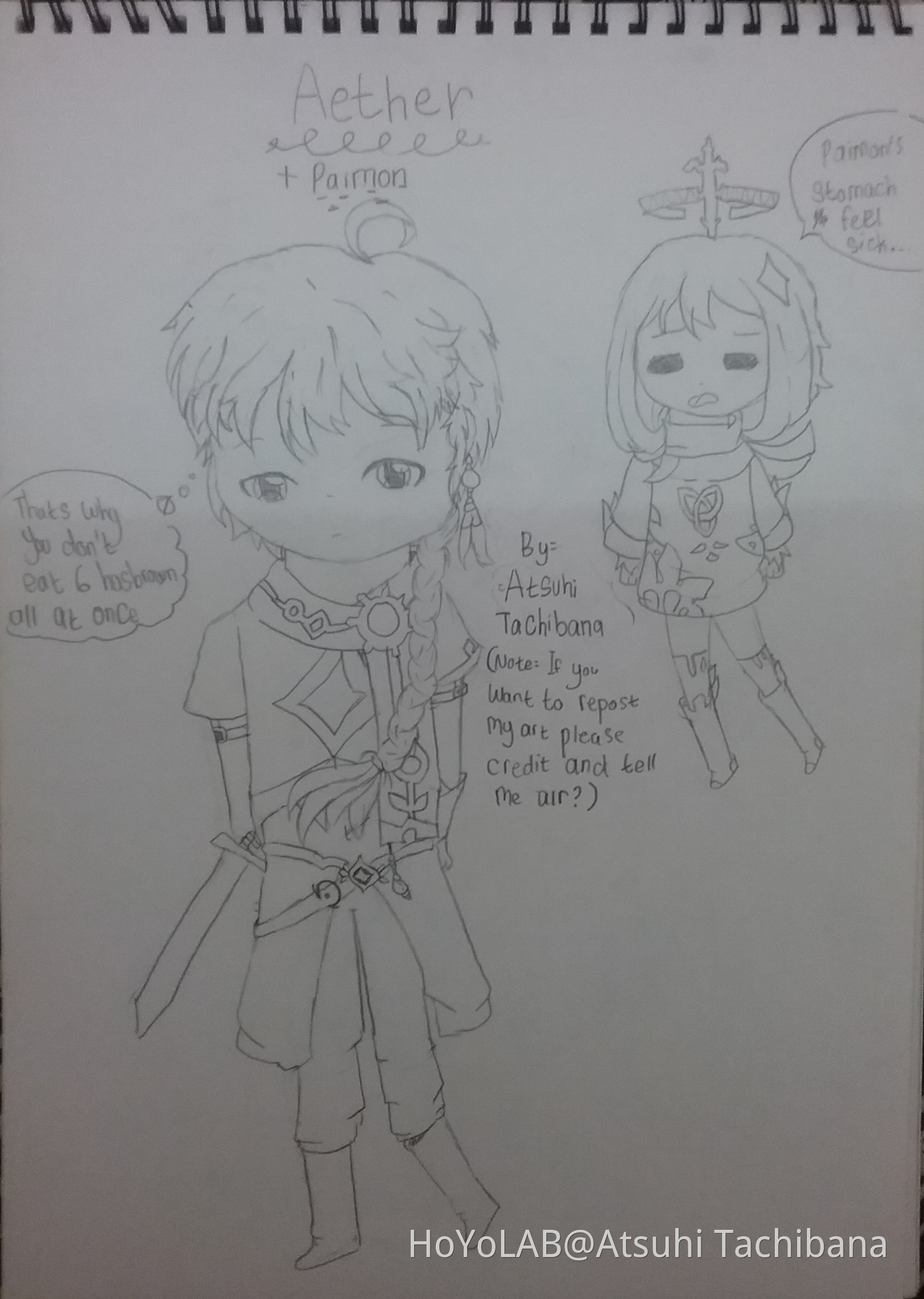 Drawing of Aether and his little flying friend, Paimon Genshin Impact ...