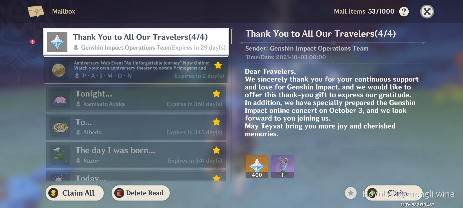 Anniversary 4/4 rewards Genshin Impact | HoYoLAB