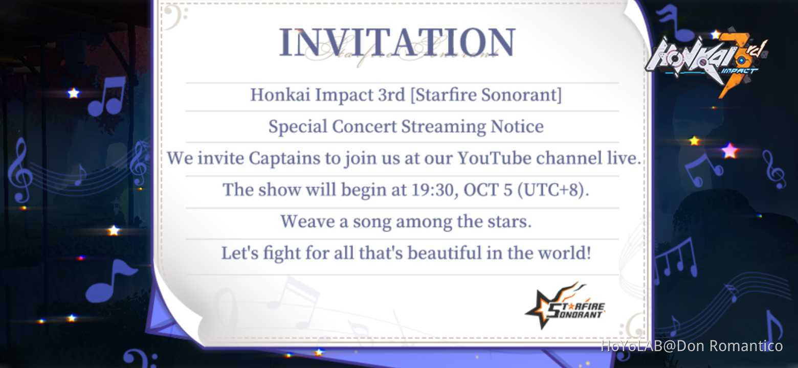 Invitation for Starfire Sinorant concert Honkai Impact 3rd | HoYoLAB