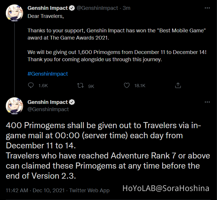 [News] 1600 Primogems for all players starting December 11 - December ...