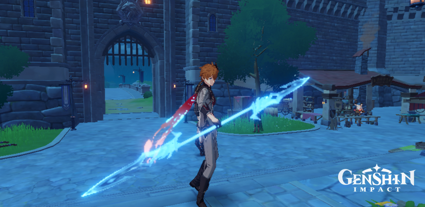 Childe, showing off his double-bladed polearm (glave?) in Mondstadt, in ...