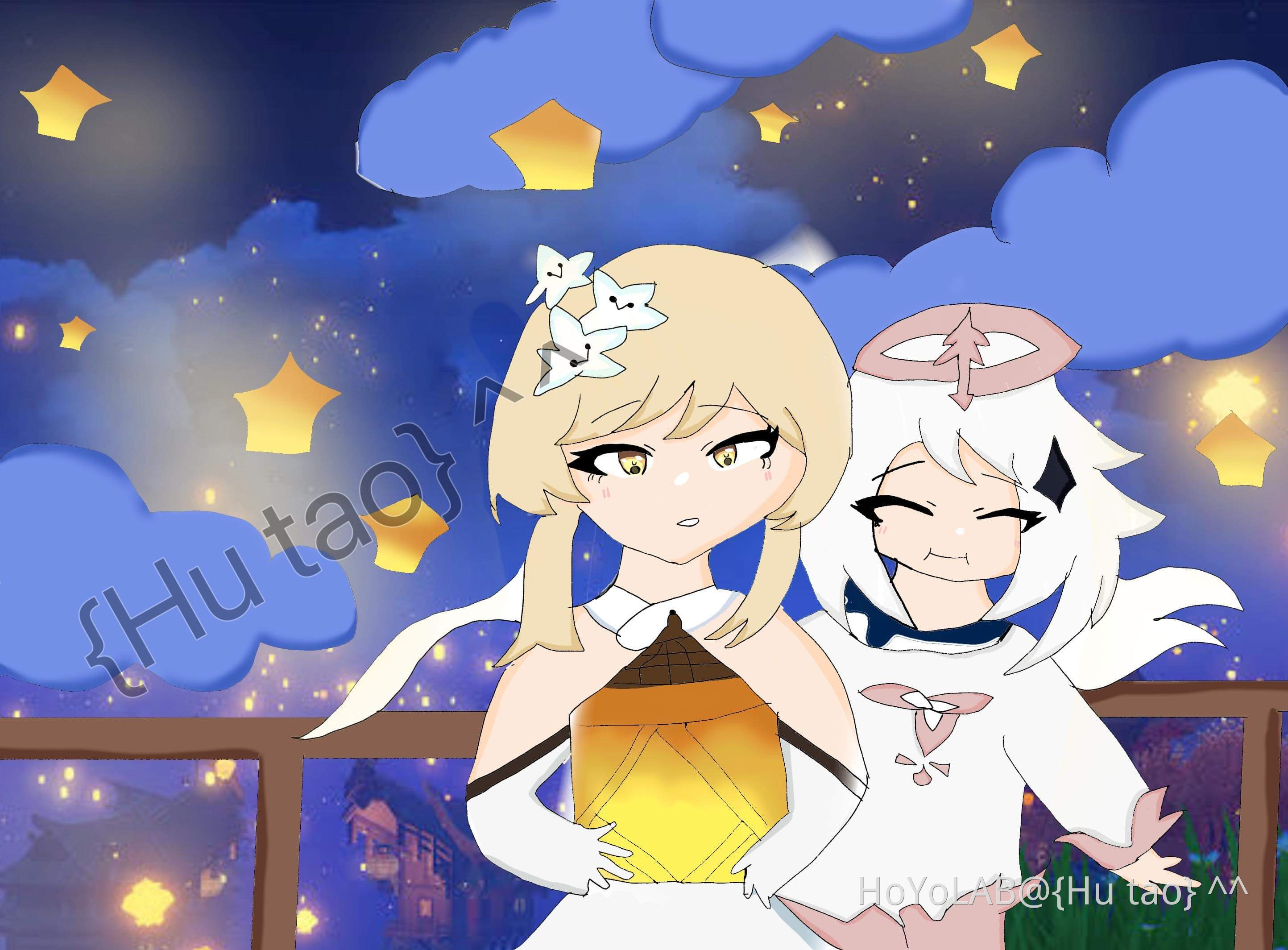 Lumine watching her lantern glow while paimon is obv eating food