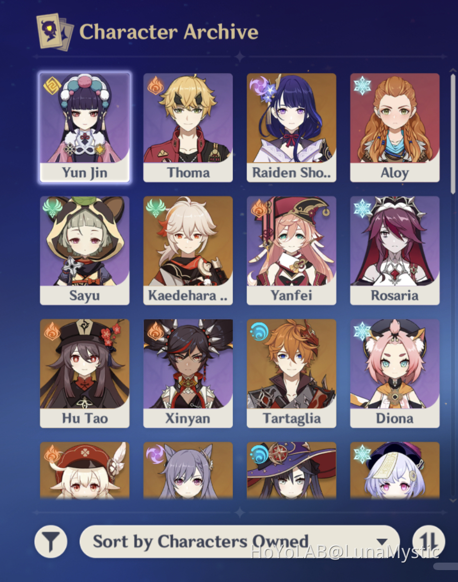 My collection of character’s I have so far Genshin Impact | HoYoLAB