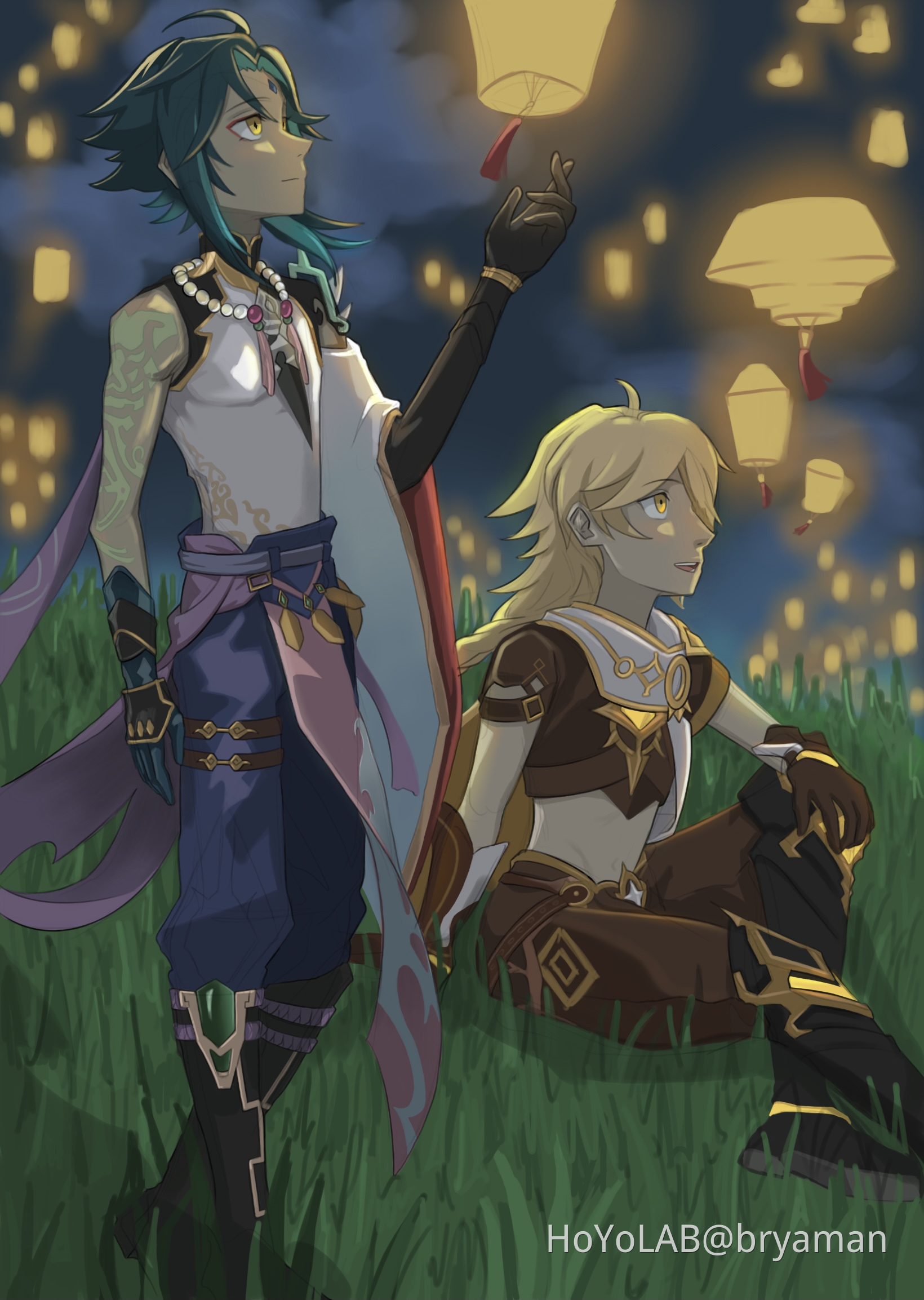 Xiao and Aether watching the lanterns in the sky Genshin Impact | HoYoLAB