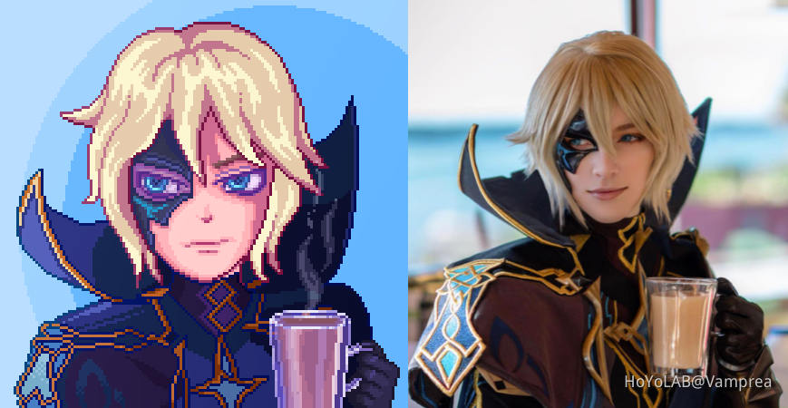 Pixel art of @vye.cos sippin coffee as Dain Genshin Impact | HoYoLAB