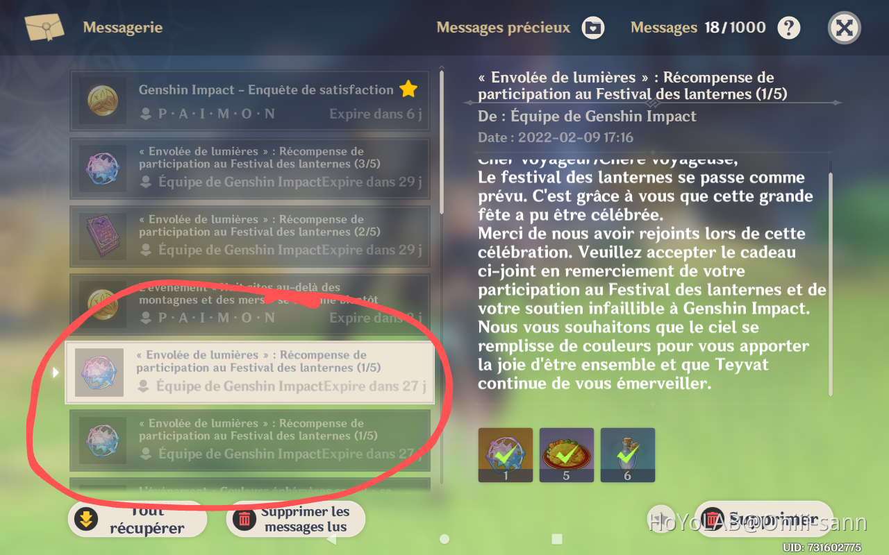 J'ai eu deux fois les messages ( et du coup les récompenses)! Genshin ...