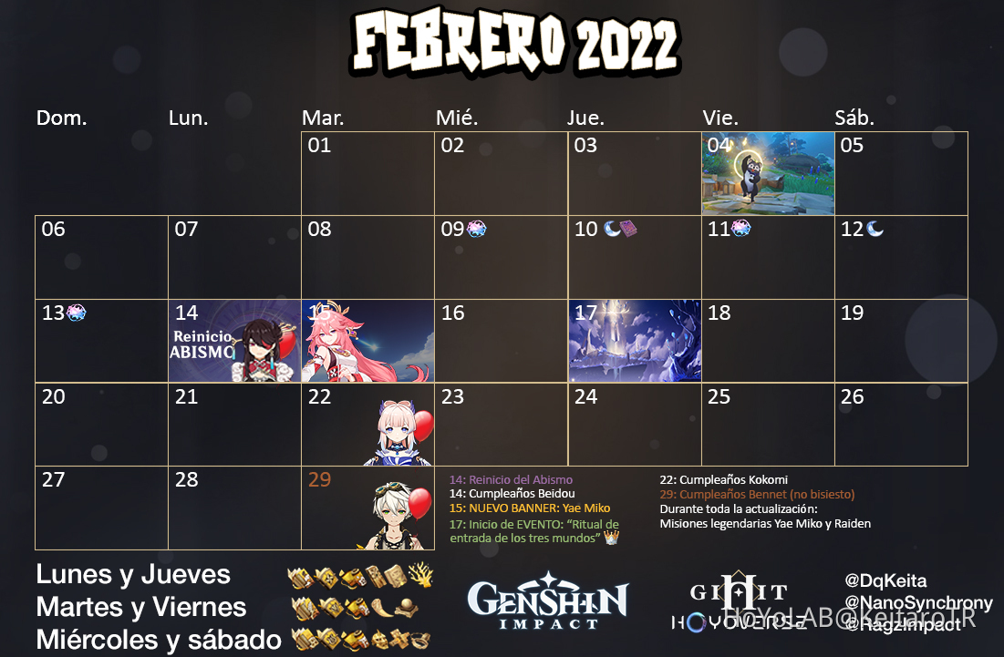 ¡CALENDARIO DE EVENTOS DE FEBRERO! [Versión 2.5] Genshin Impact | HoYoLAB