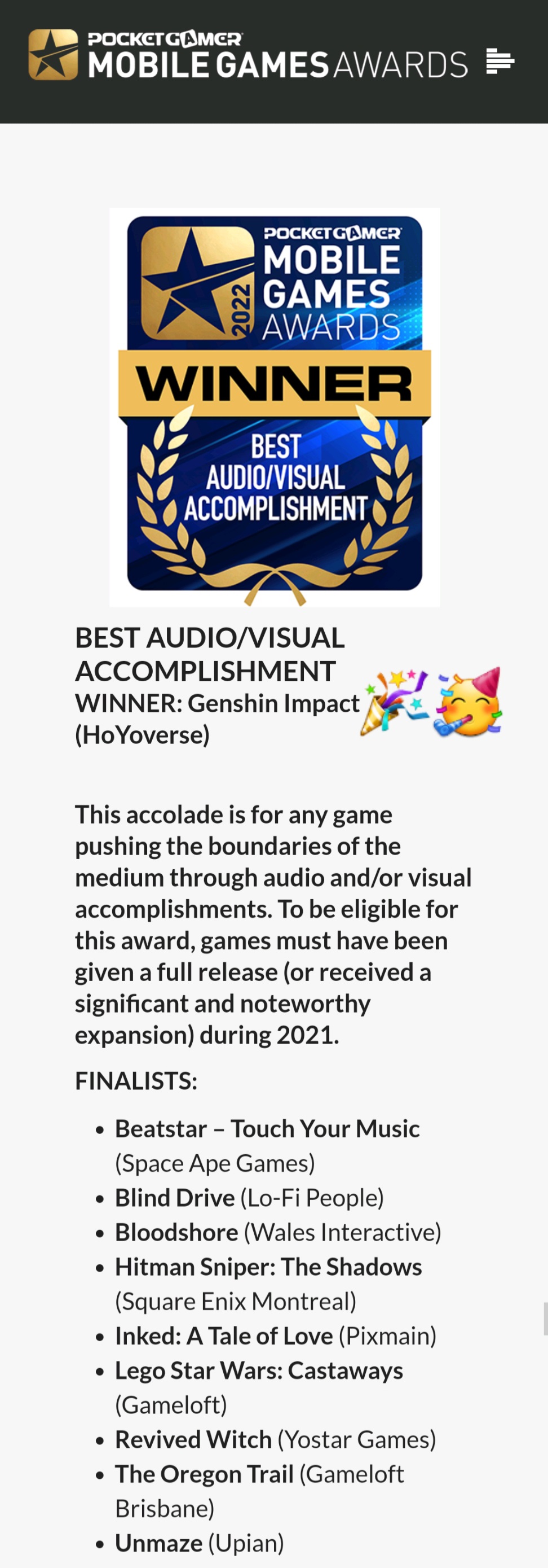 Winner for Best Audio/Visual Accomplishment (Pocketgamer Mobile Games Awards 2022) Genshin ...