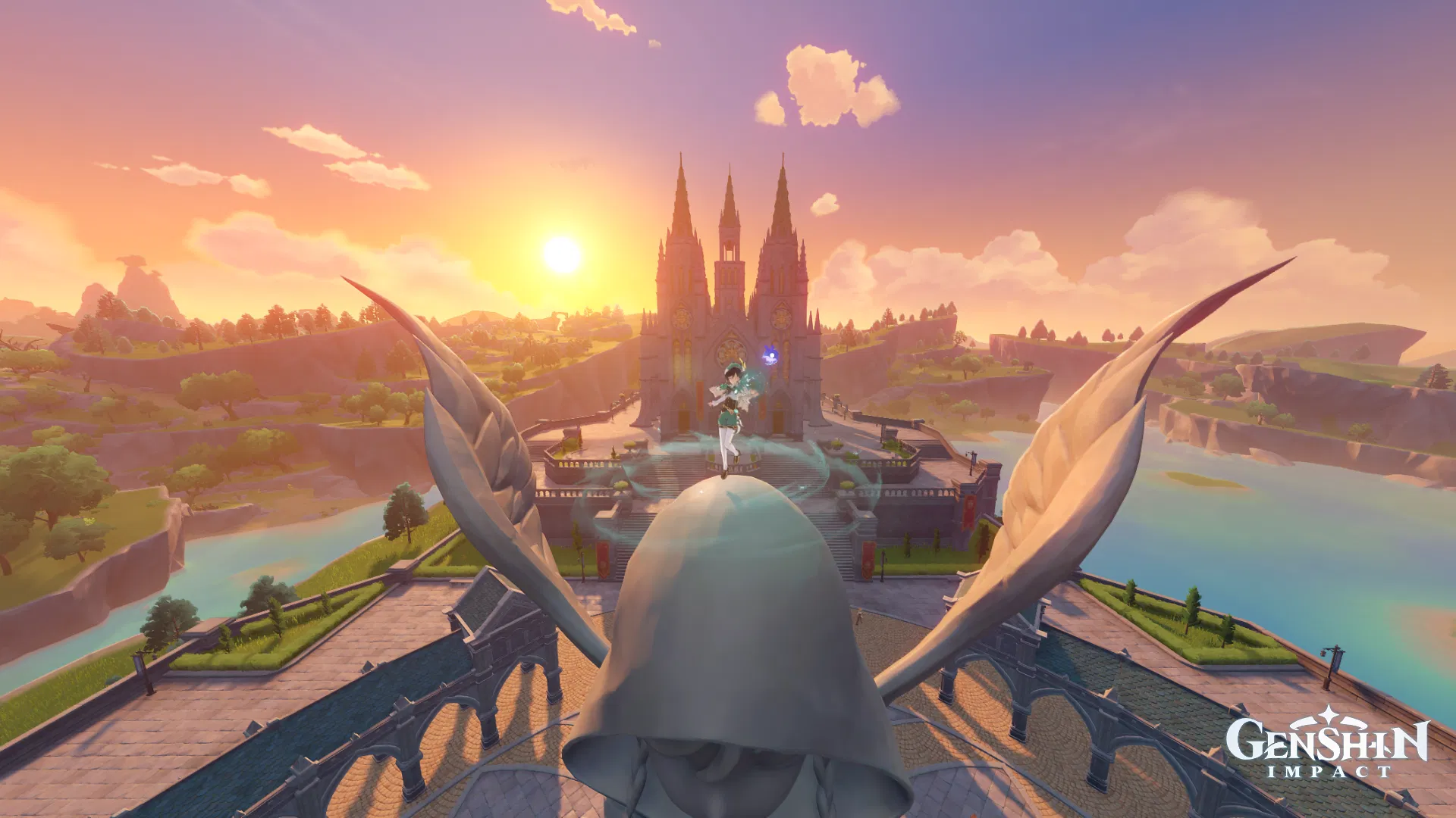 Venti infornt of the oak tree in Windrise and the Cathedral in Mondstat ...