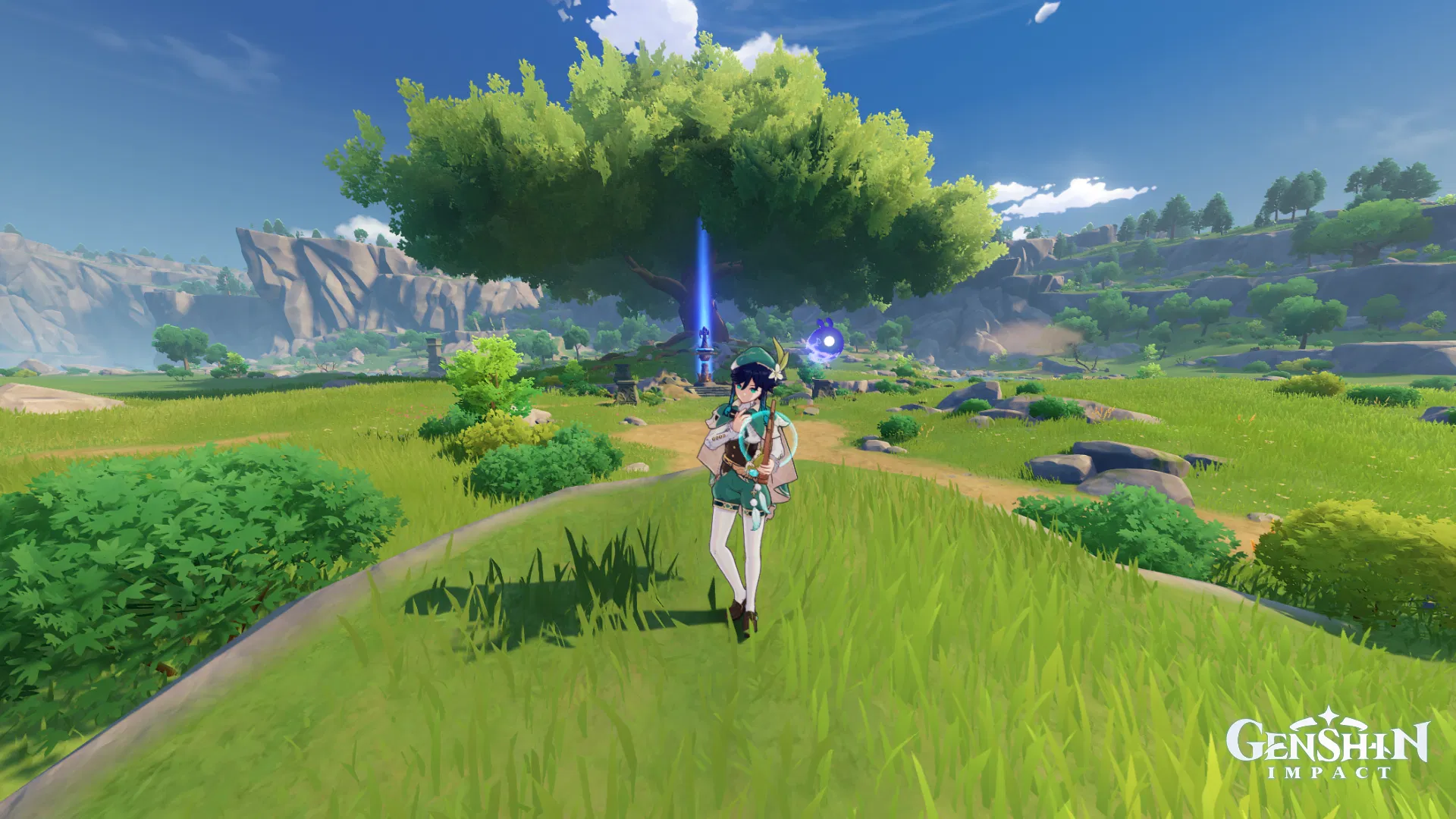 Venti infornt of the oak tree in Windrise and the Cathedral in Mondstat ...