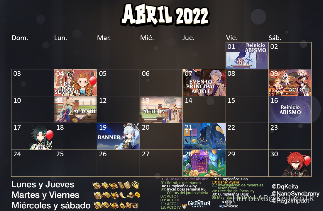 ¡CALENDARIO DE EVENTOS MES DE ABRIL! [V.2.6] Genshin Impact | HoYoLAB