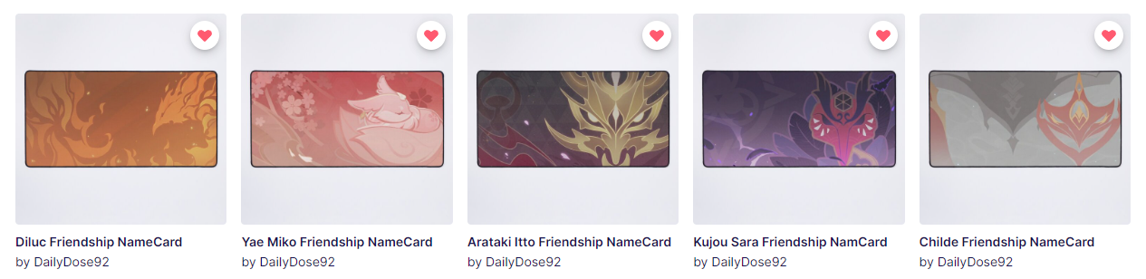 Additional Friendship Name cards Desk Mats etc: (Diluc, Yae Miko ...