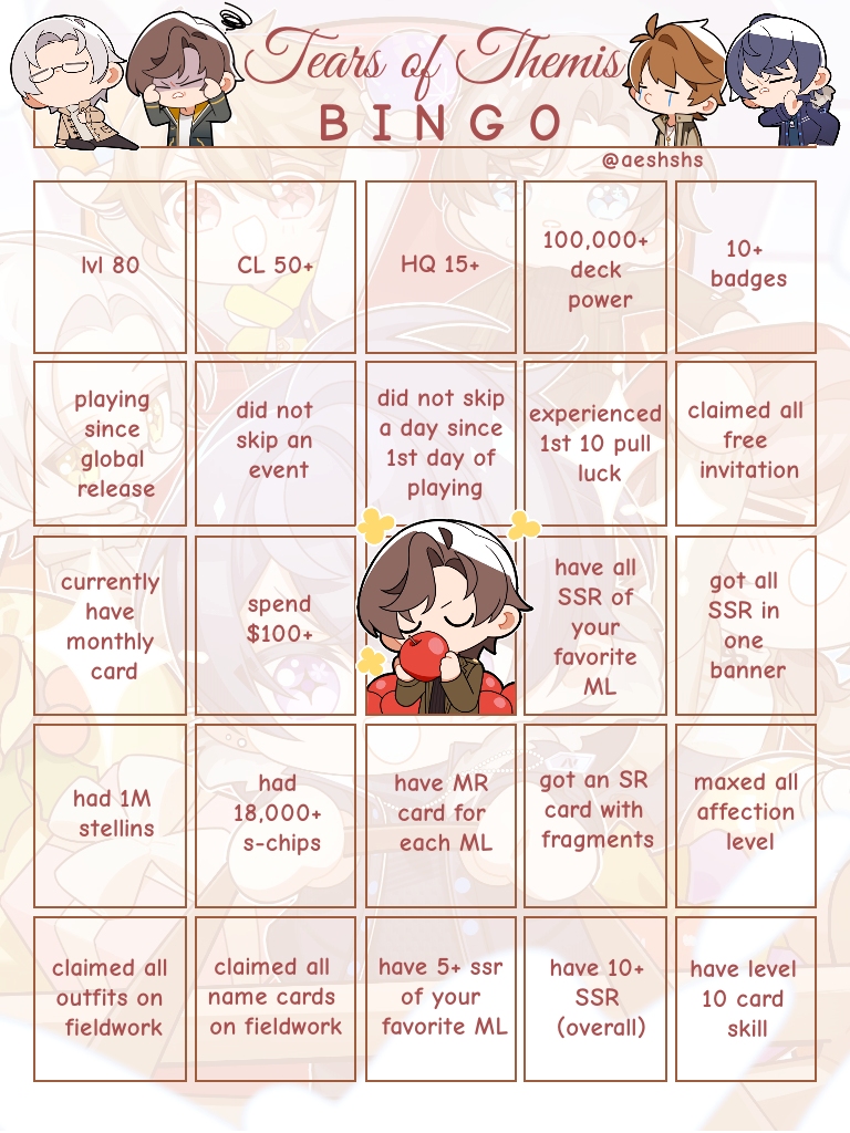 TOT Bingo Card Tears of Themis | HoYoLAB