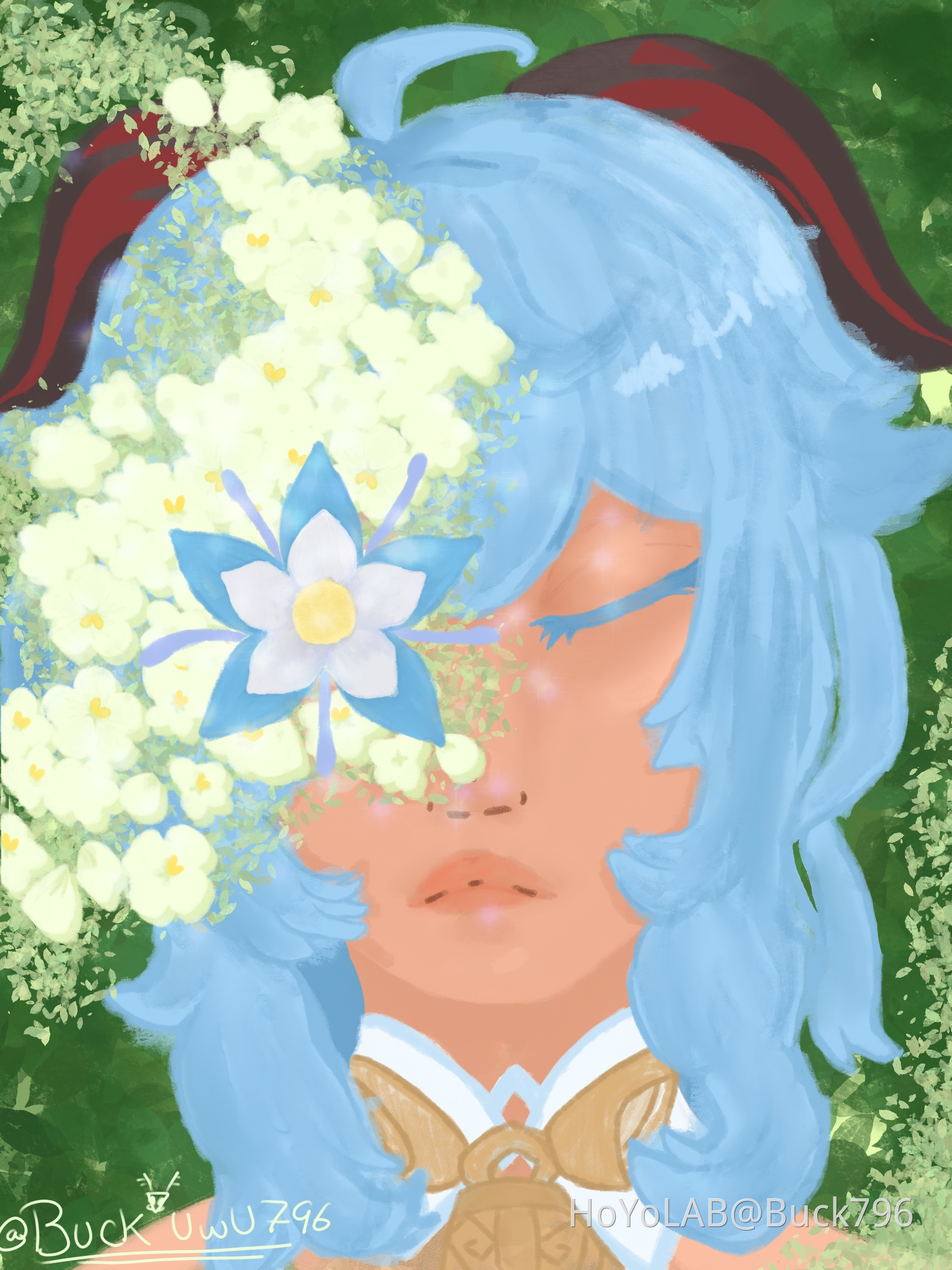 Ganyu sleeping amongst the flowers Genshin Impact | HoYoLAB