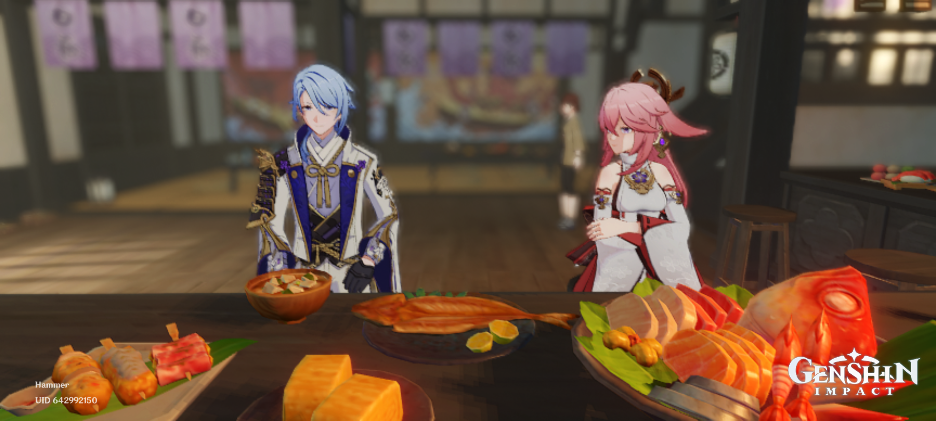 Ayato a Miko mukbang challenge at Uyuu Restaurant. Genshin Impact | HoYoLAB