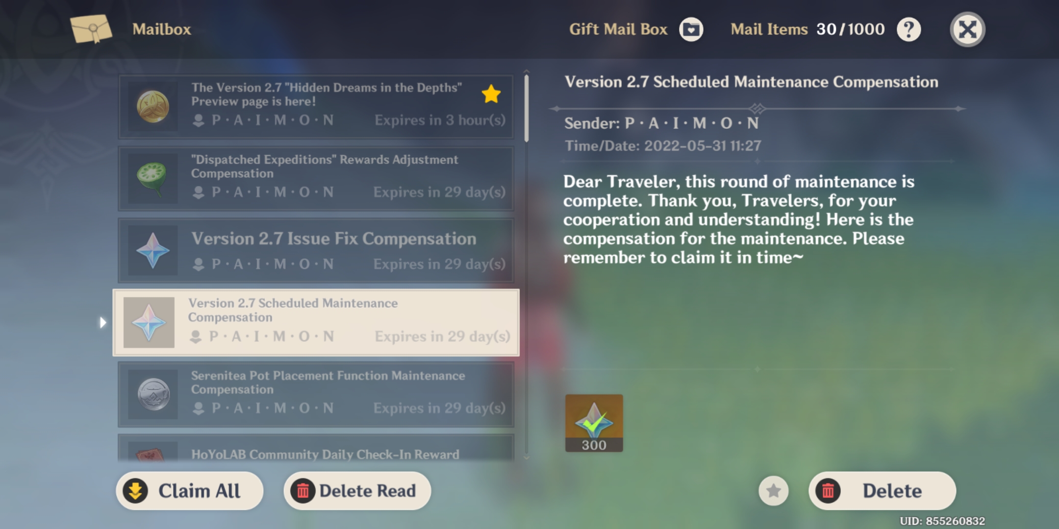 Version 2.7 rewards claimed Genshin Impact | HoYoLAB