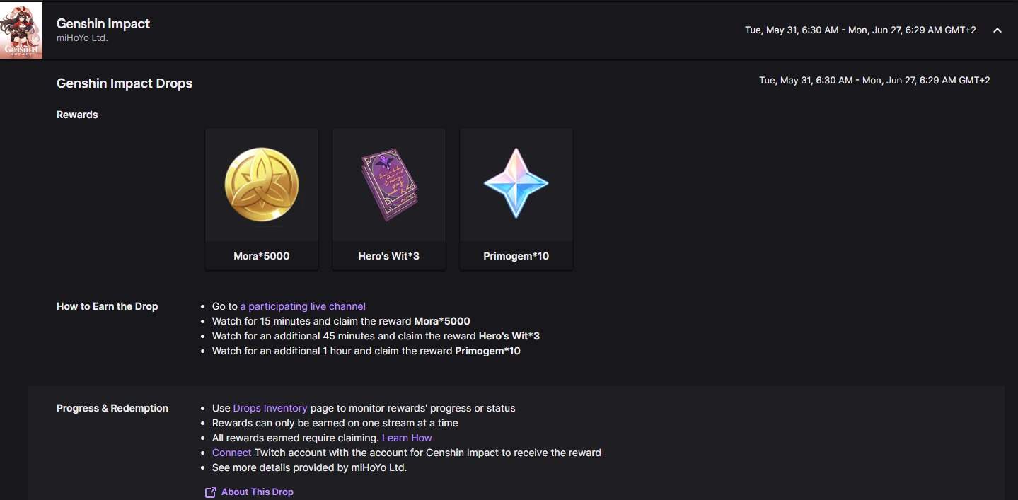 Genshin Impact Twitch Drops — 10 Primogems, 5000 Mora, 3 Hero’s Wit ...