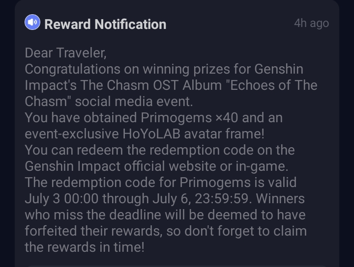 Reward notification | HoYoLAB