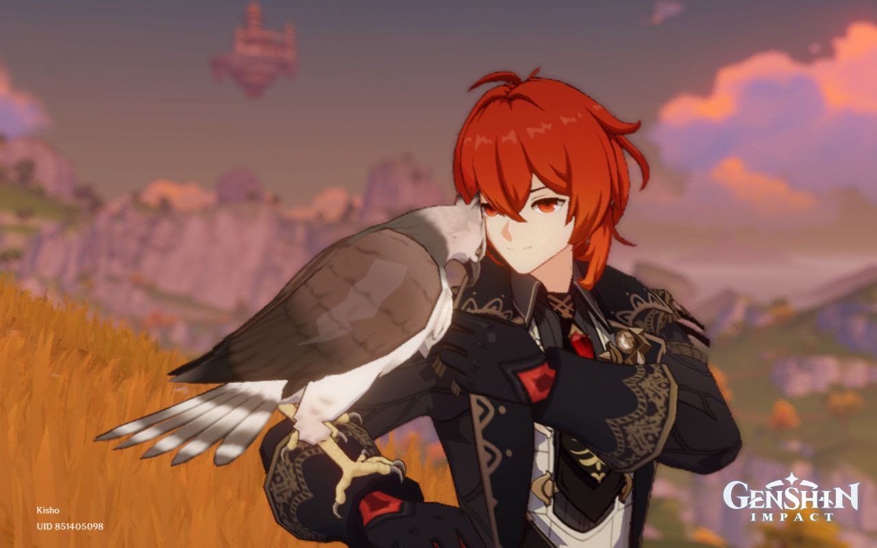 Diluc smiles with birb Genshin Impact | HoYoLAB