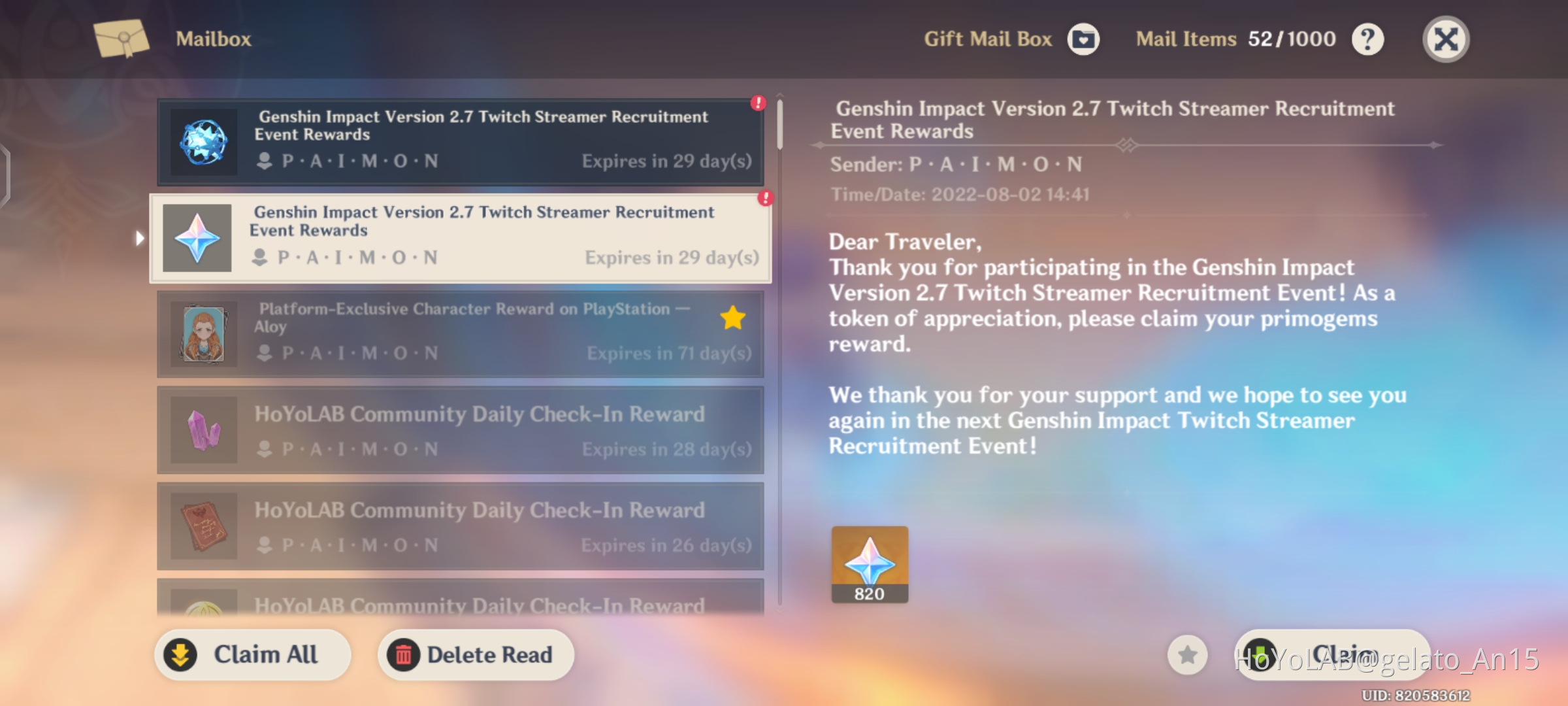Twitch Streamer Recruitment event prize received! Genshin Impact | HoYoLAB