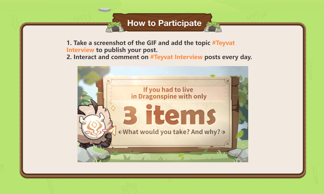 Teyvat Interview Event - 3 Items in Dragonspine Genshin Impact | HoYoLAB