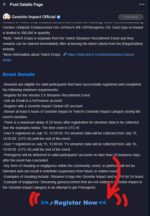 Guide for Twitch Streamer Recruitment registration Genshin Impact | HoYoLAB