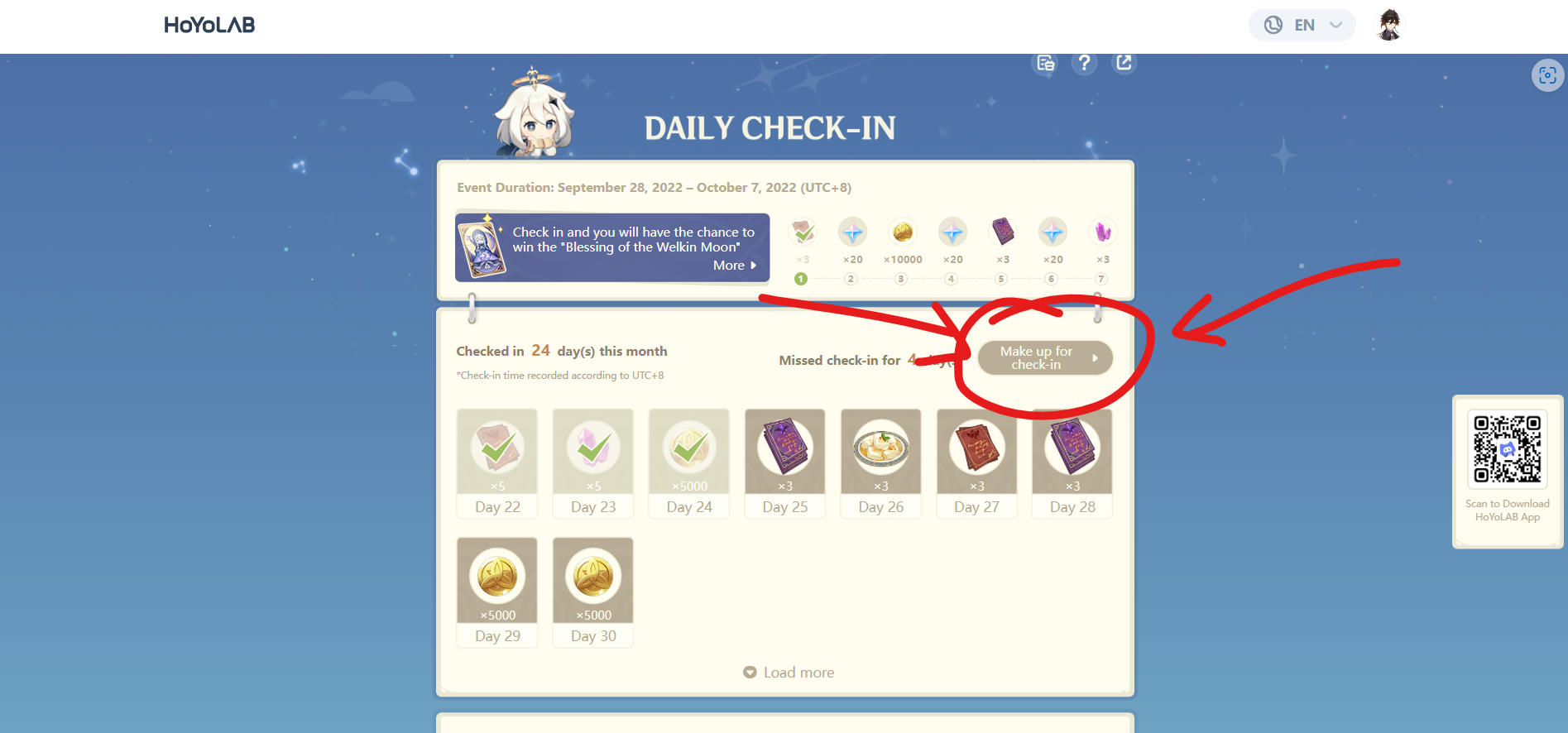 Make up for Daily Check-in Genshin Impact | HoYoLAB