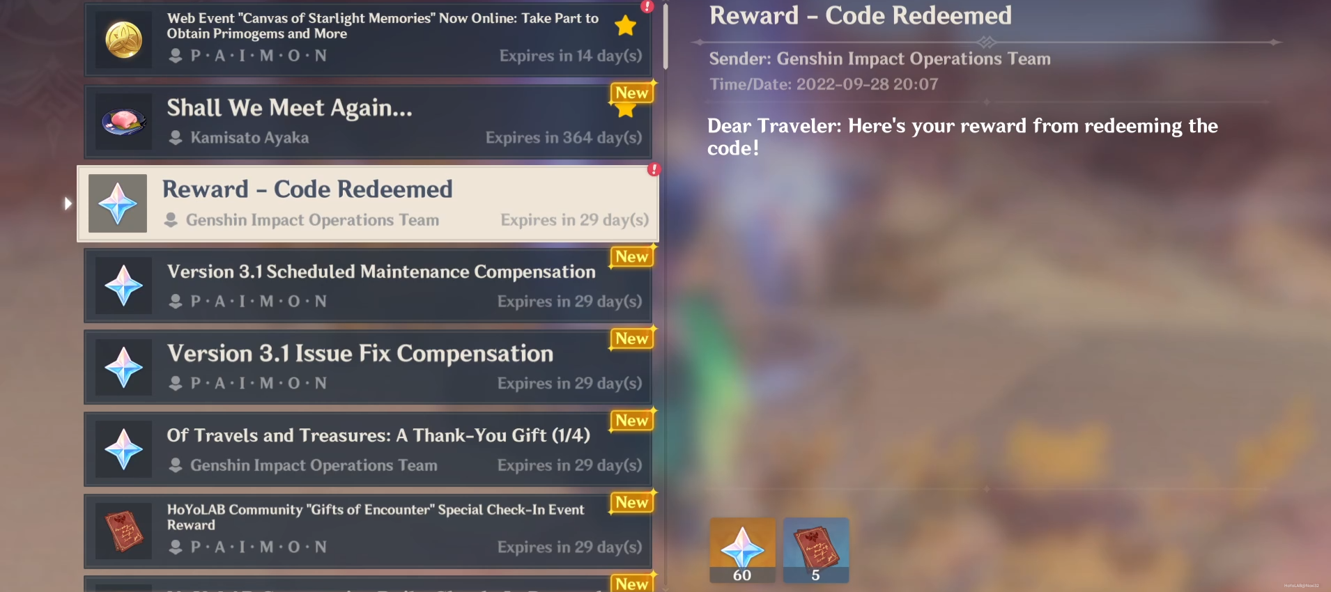 redeem code for reward Genshin Impact | HoYoLAB