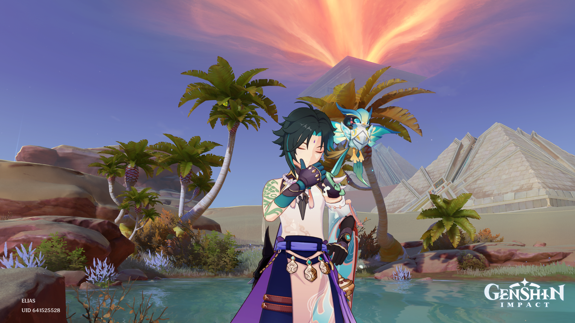 xiao disfrutando del oasis del desierto en sumeru Genshin Impact | HoYoLAB