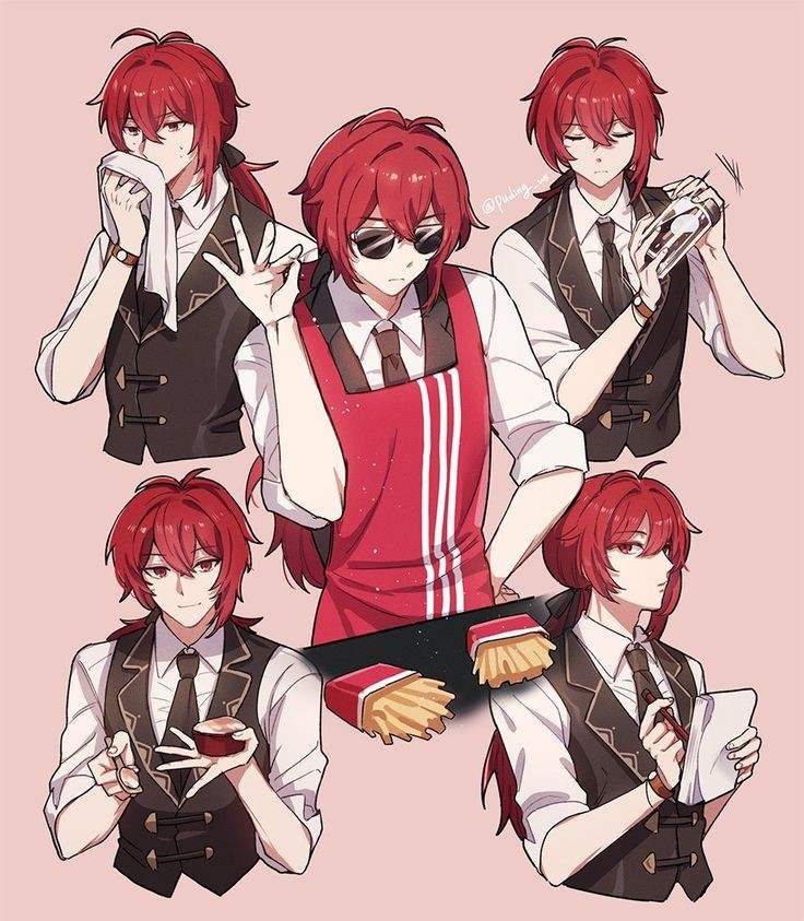 Diluc working at kfc Genshin Impact | HoYoLAB