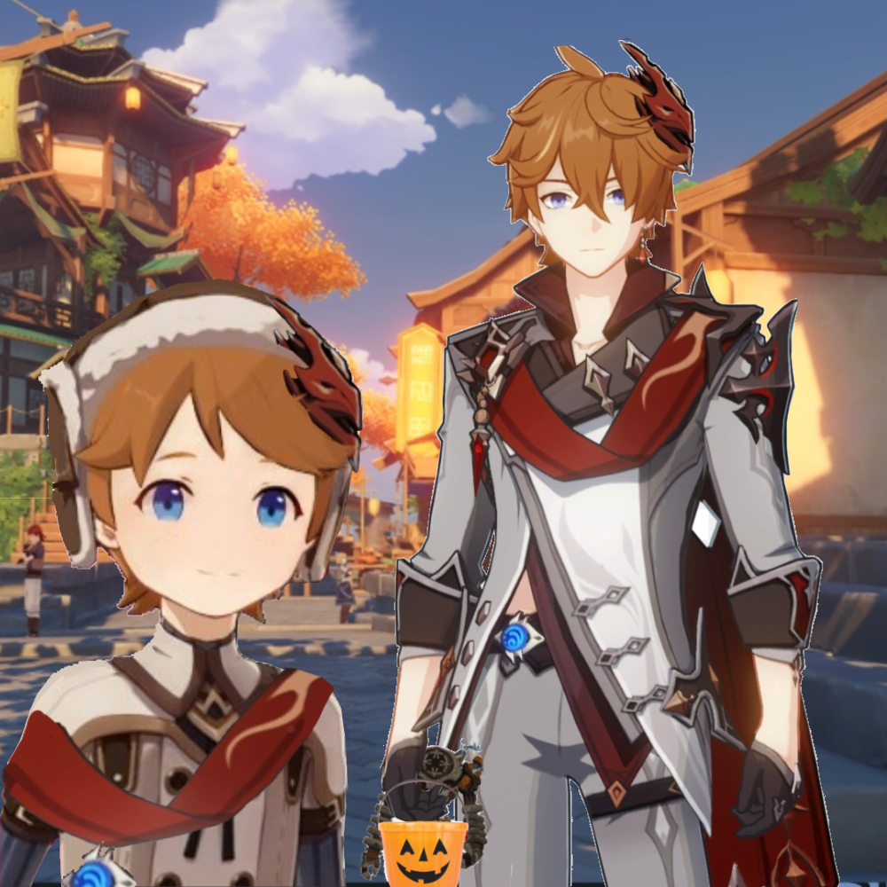 Childe and Teucer trick or treating with a jack o lantern bag Genshin ...