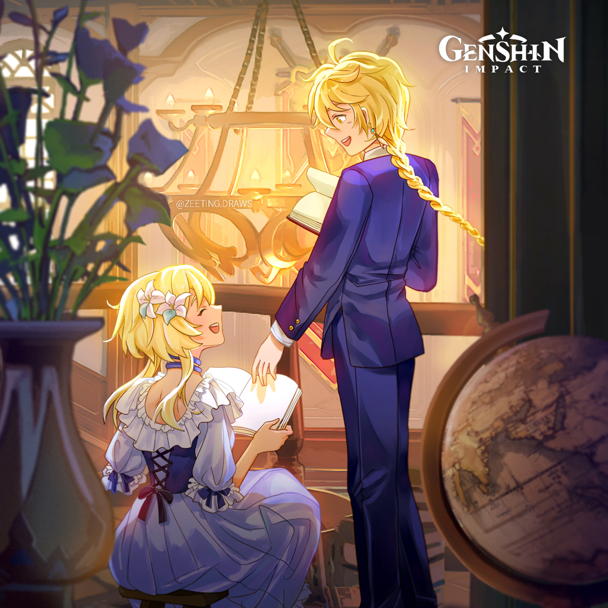 Aether and Lumine in the library！ Genshin Impact | HoYoLAB