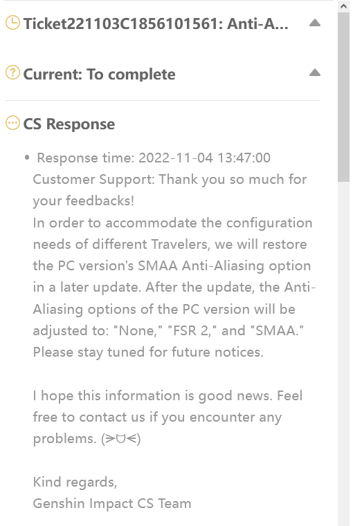 I made an Inquiry about FSR2 and removing SMAA Anti-Alliasing feature. Genshin Impact | HoYoLAB