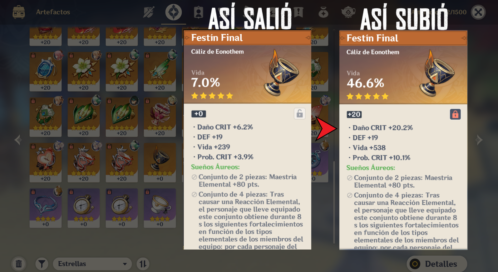 😮Me salió un Cáliz muy bueno de VIDA% en Sueños Áureos y al subirlo me ...