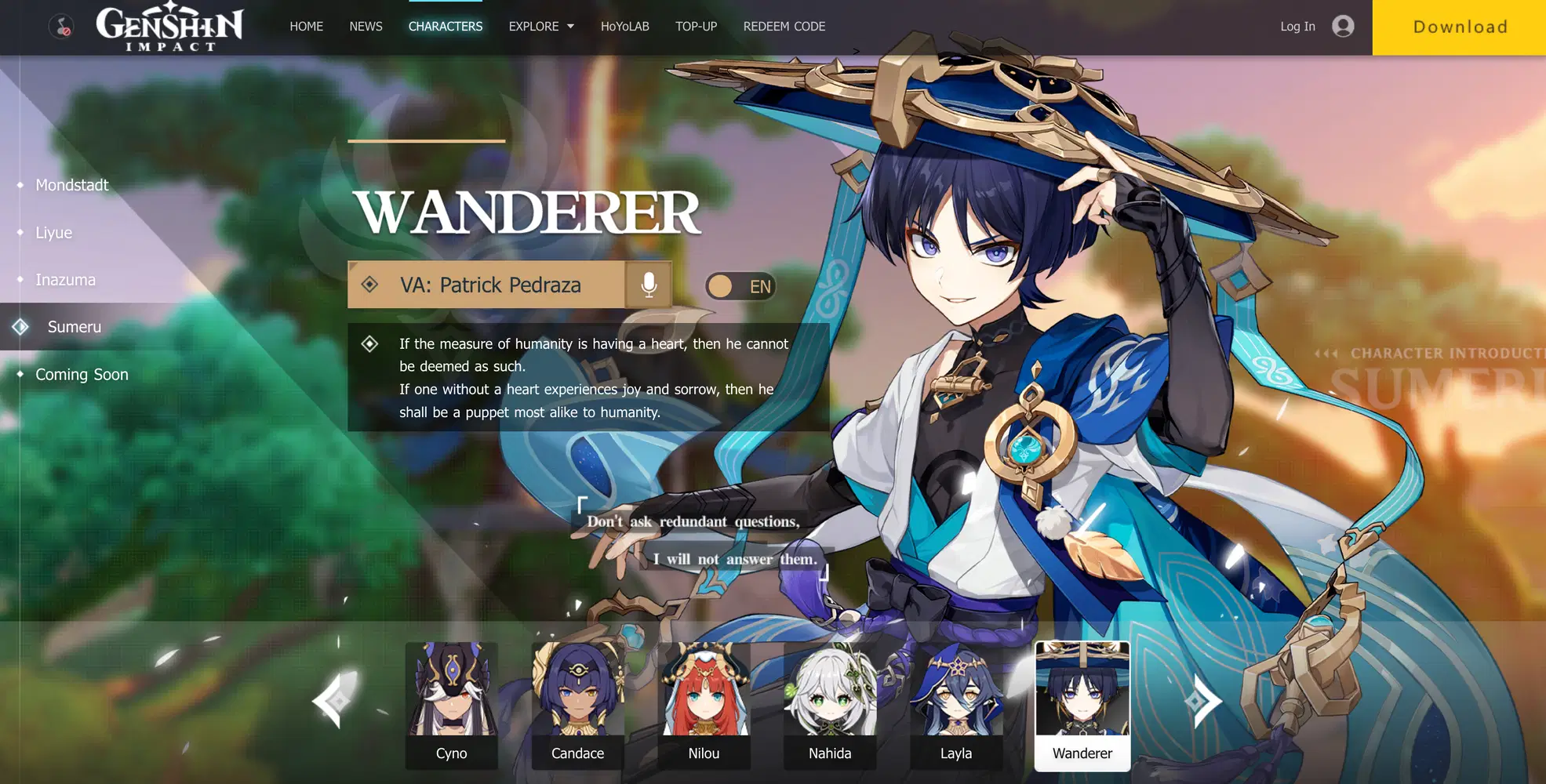 Wanderer's Voice Lines on the Official Genshin Impact Website Genshin ...