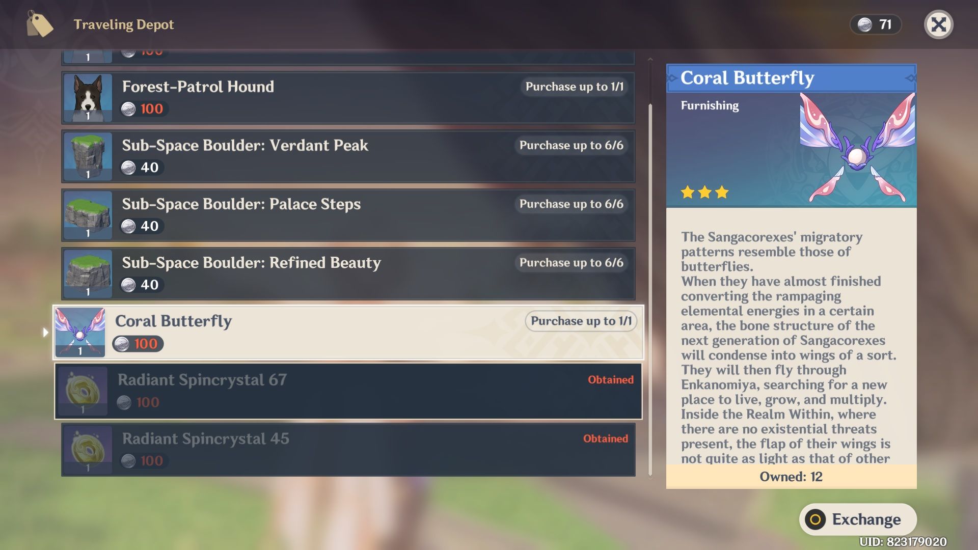 [Serenitea Pot] The Coral Butterfly can be bought from Chubby now ...