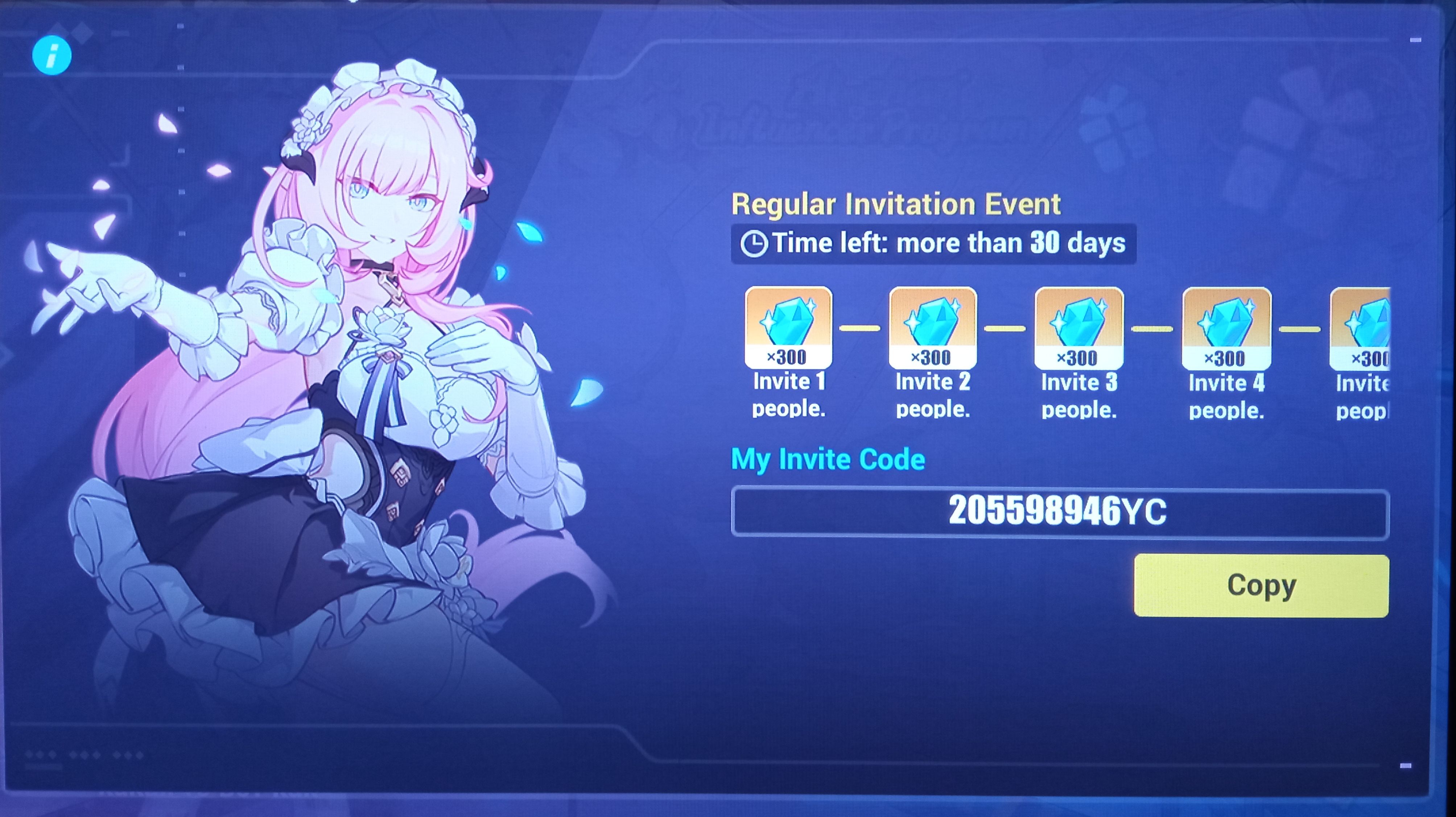 use my invite CODE in your returnee event to get free crystals!! Honkai ...