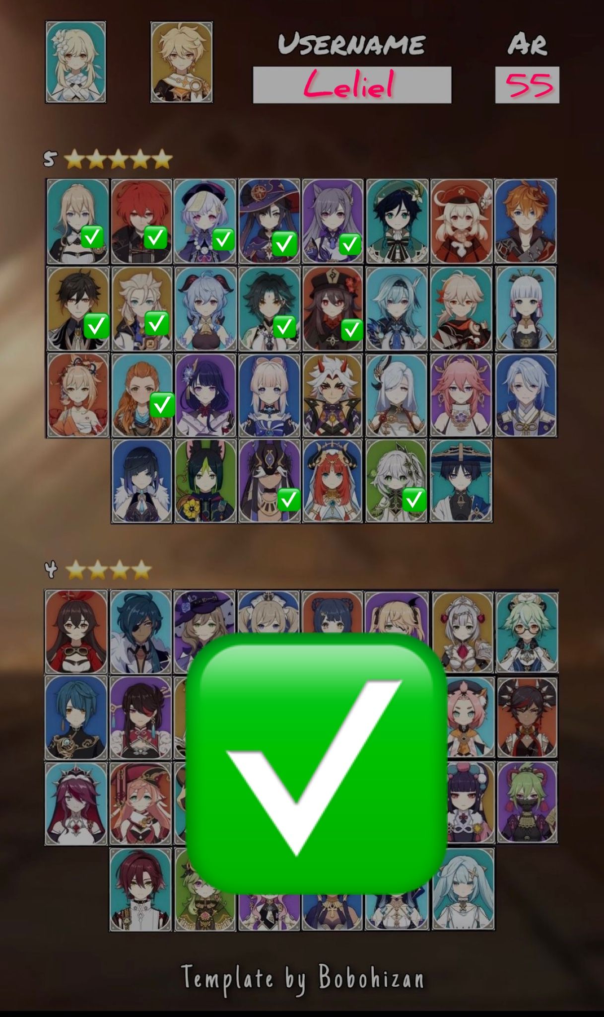 My character check list as a f2p Genshin Impact | HoYoLAB