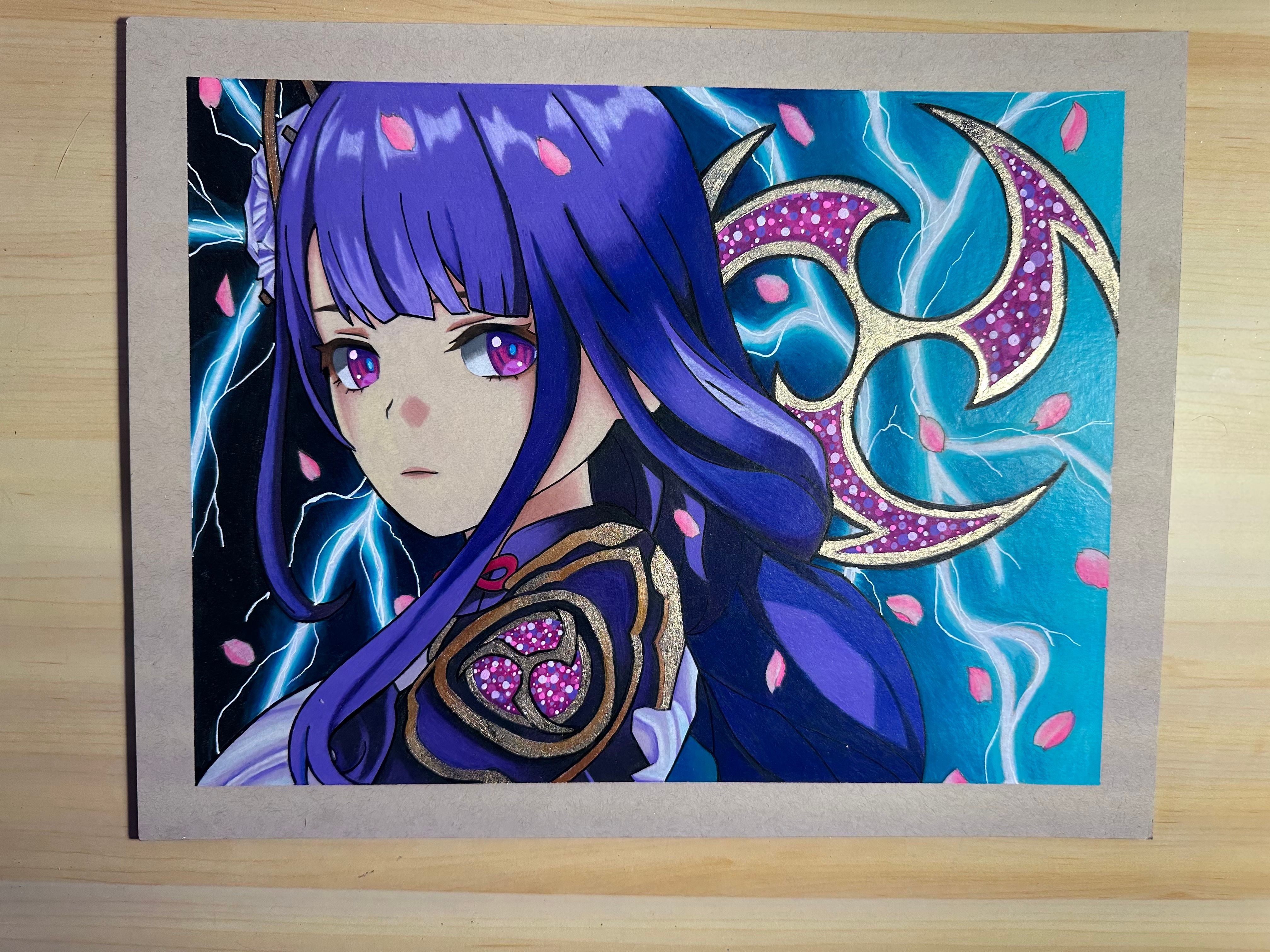 Raiden Shogun. Color pencil, gold leaf, and water color. She also glows ...