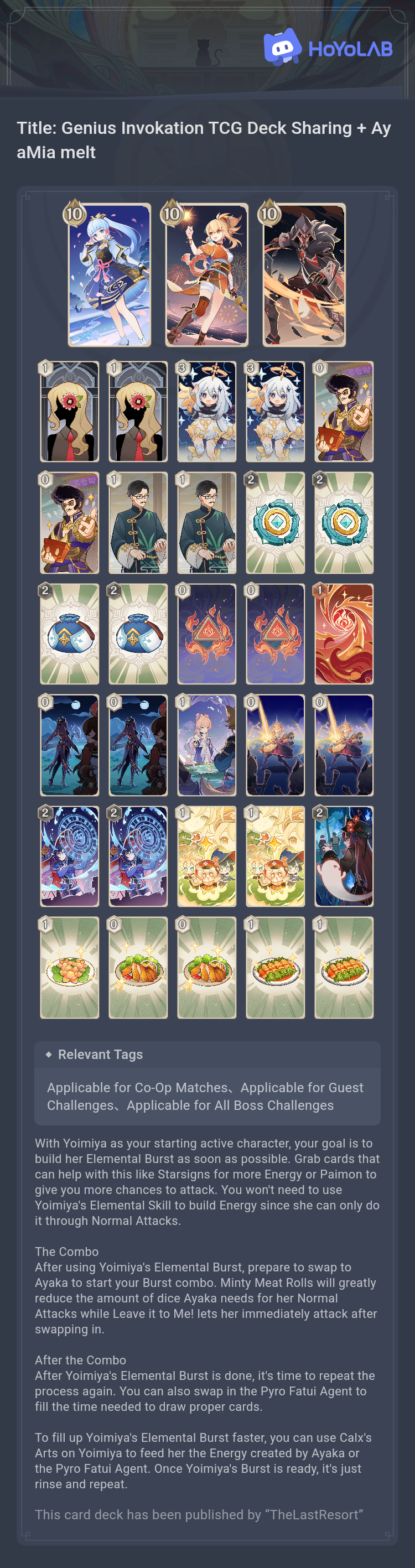 Genius Invokation TCG Deck Sharing + AyaMia melt deck Genshin Impact | HoYoLAB