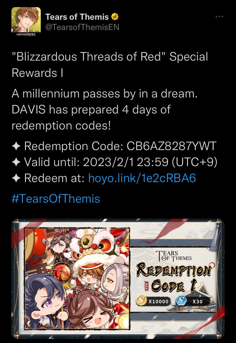 Redemption Code Tears of Themis | HoYoLAB