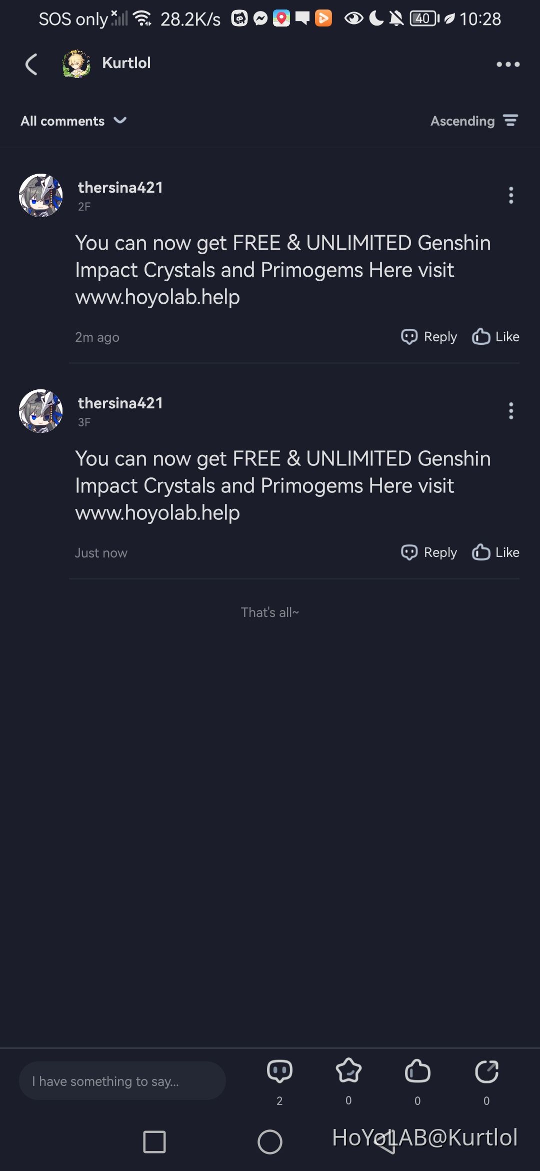 No way this bot had the audacity to comment twice💀 | HoYoLAB