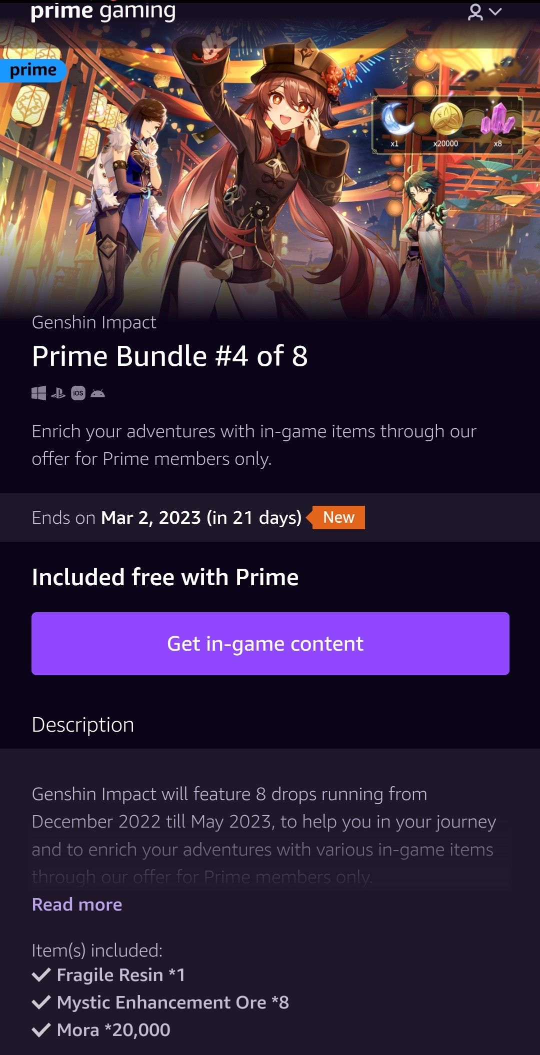 FREE Genshin Bundle #4 of 8 for Amazon Prime members. Ends March 2nd Genshin Impact | HoYoLAB